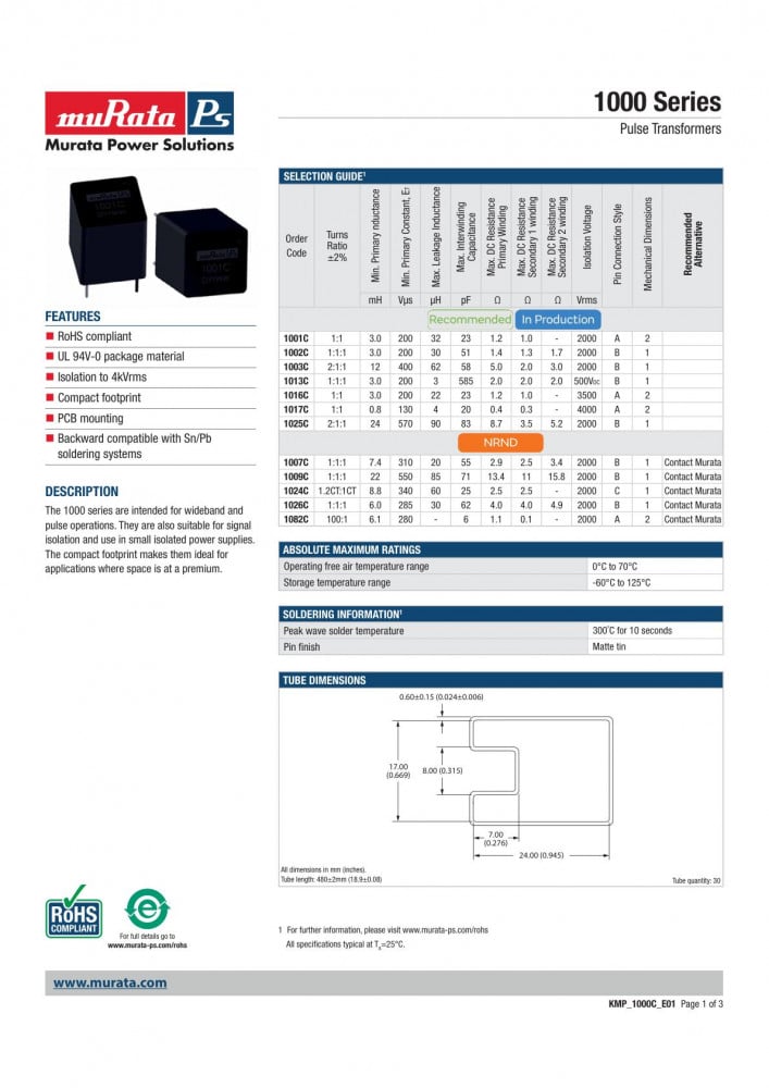 Murata 1000 Series datasheet page 1