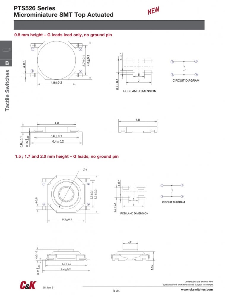 PTS526 0.8 mm and PCB land information
