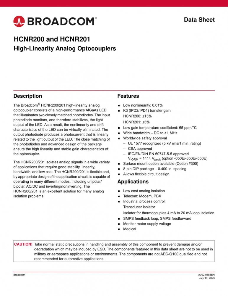 HCNR200 datasheet page 1