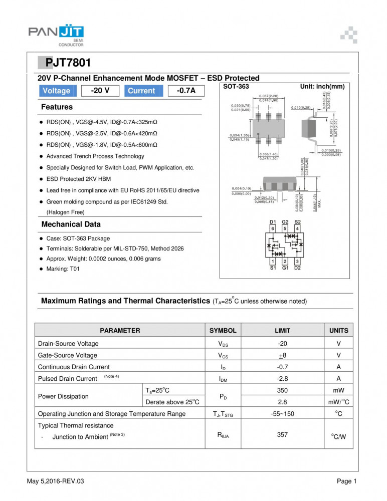 PJT7801 datasheet page 1