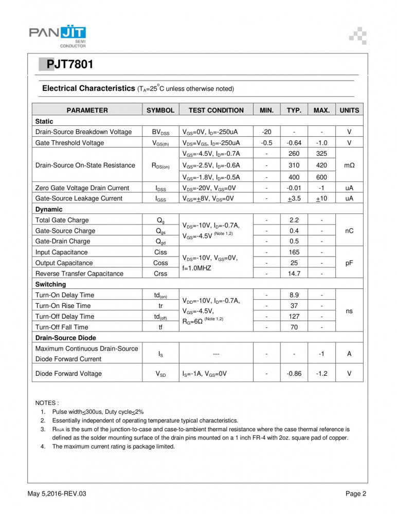 PJT7801 datasheet page 2