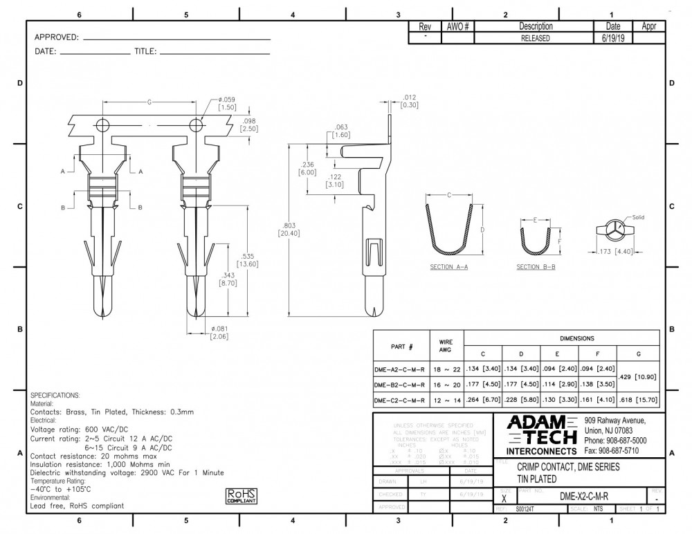 ADAM TECH DME series crimp contact drawing preview