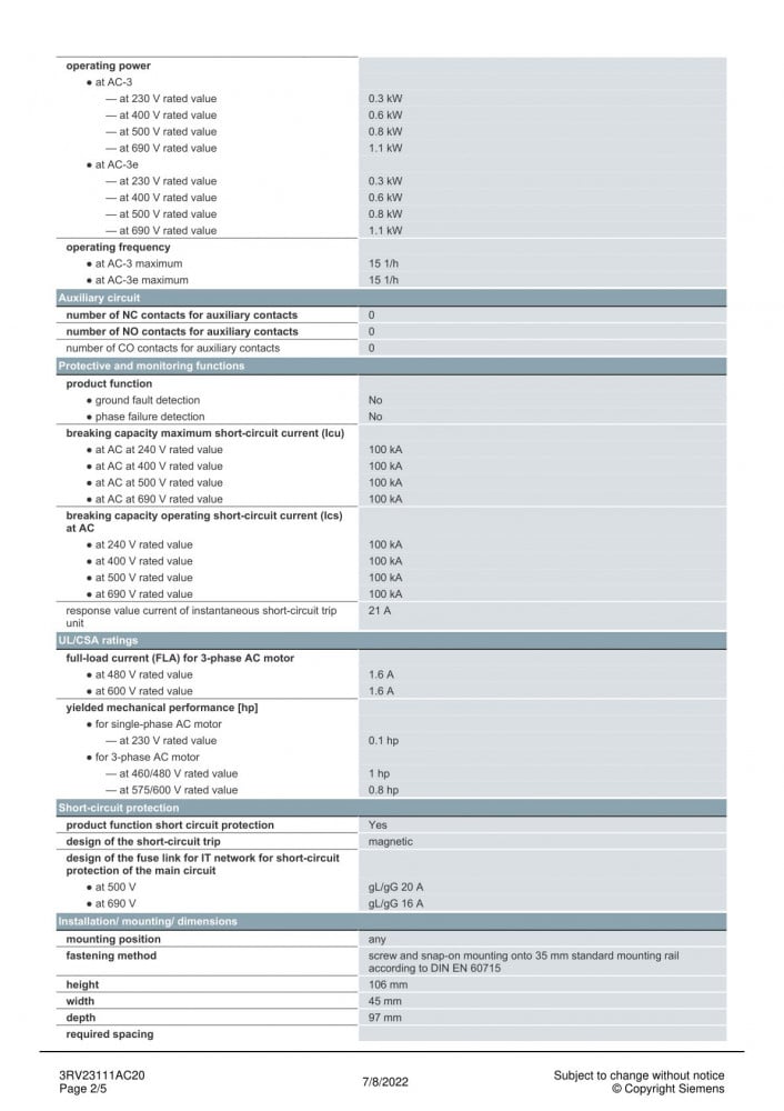 3RV23111AC20 technical document page 2