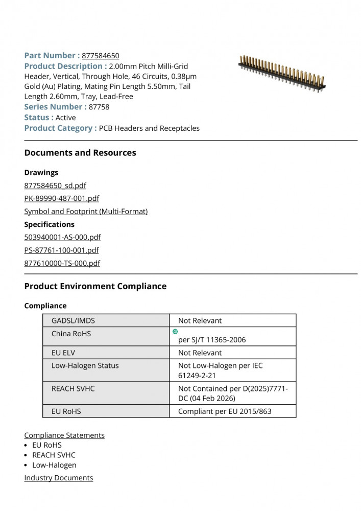 Product document page 1 for MOLEX 877584650
