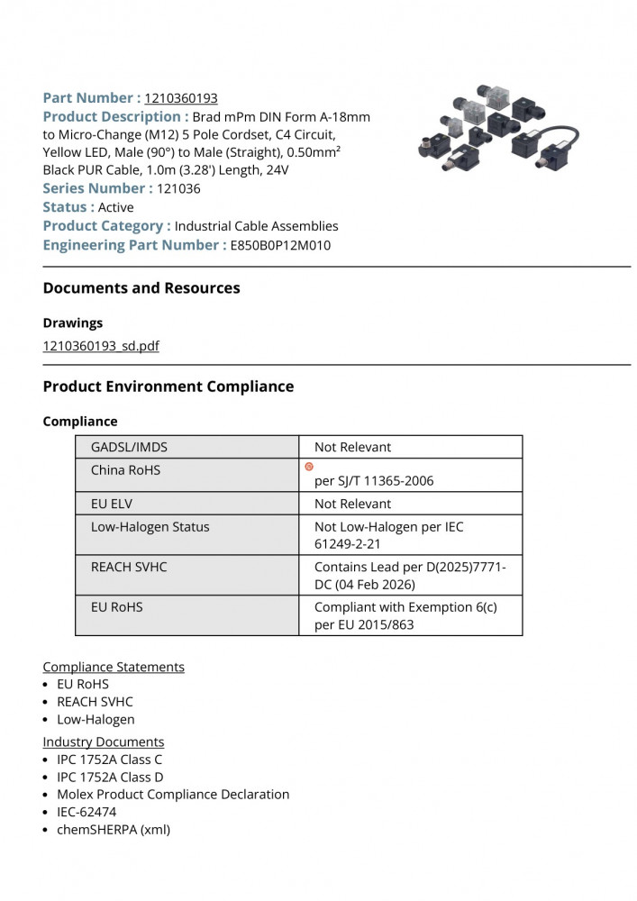 MOLEX E850 cable assembly technical drawing page 1