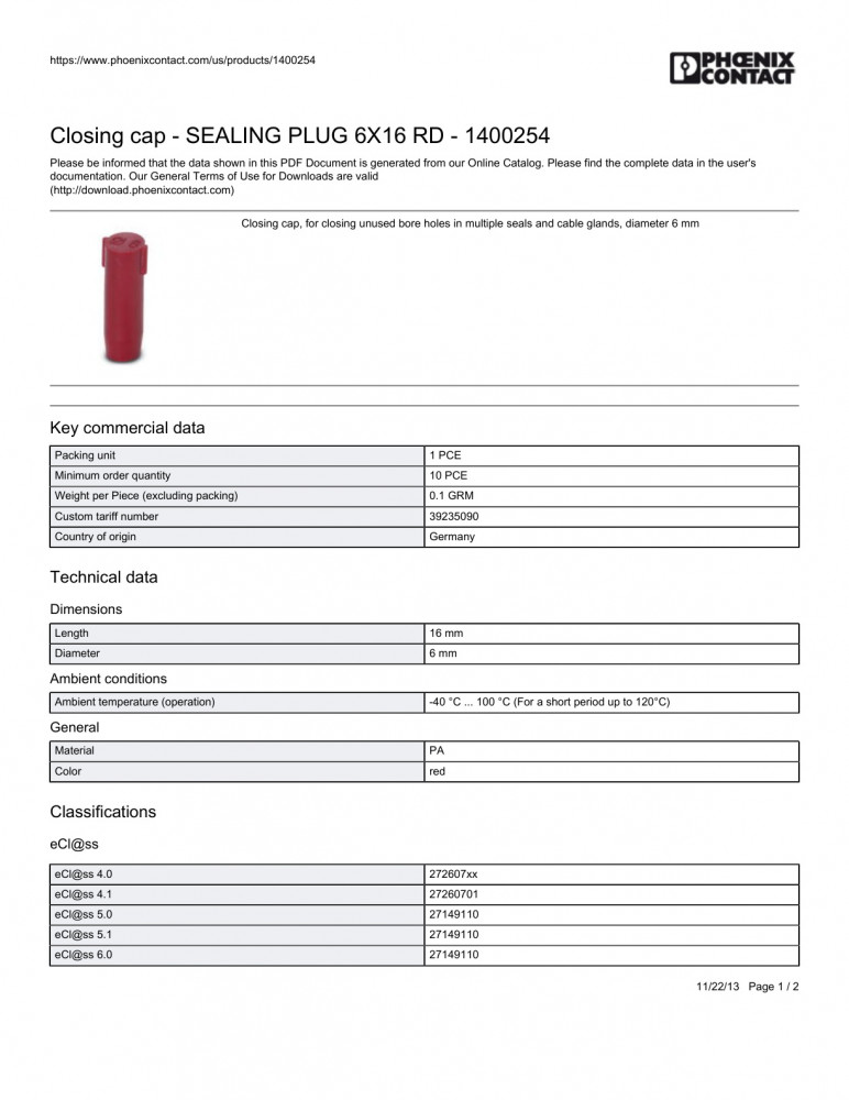 Phoenix Contact 1400254 product document page 1