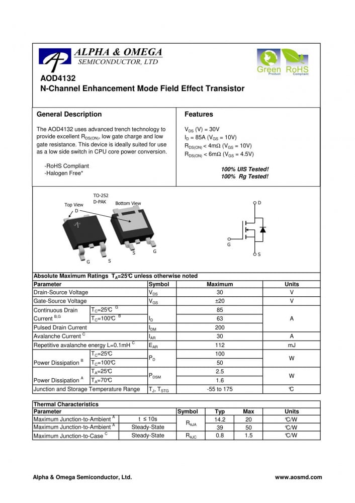 AOD4132 datasheet page 1