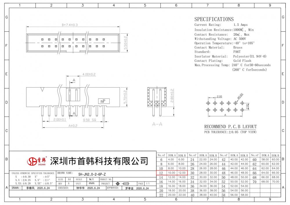 SH-JN2.0-2-6P-Z technical drawing and specification preview