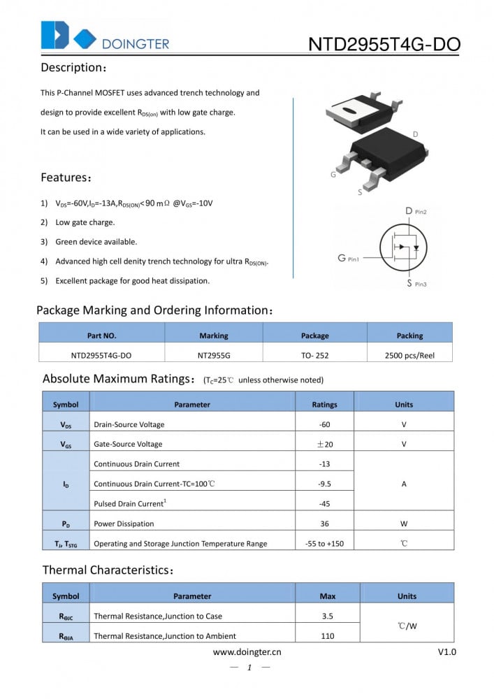 NTD2955T4G-DO datasheet page 1