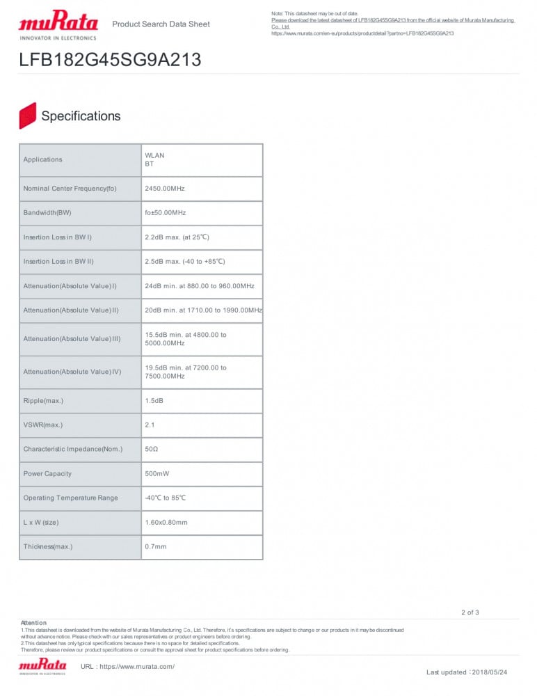LFB182G45SG9A213 electrical specifications