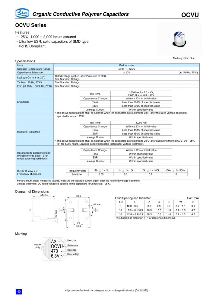 Lelon OCVU series technical specification page