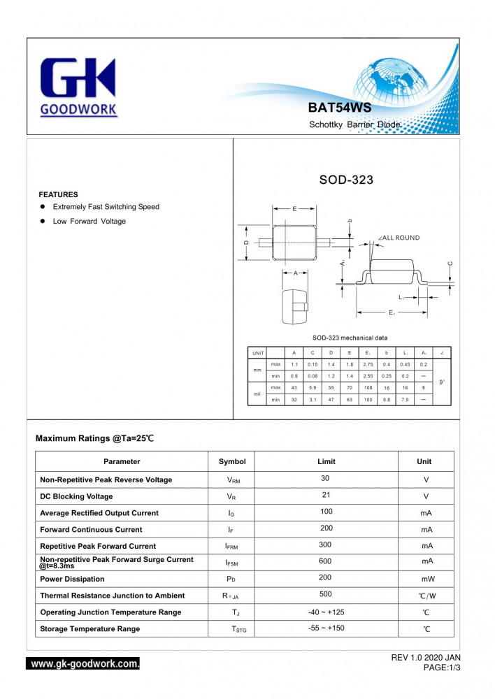 GOODWORK BAT54WS technical document page 1