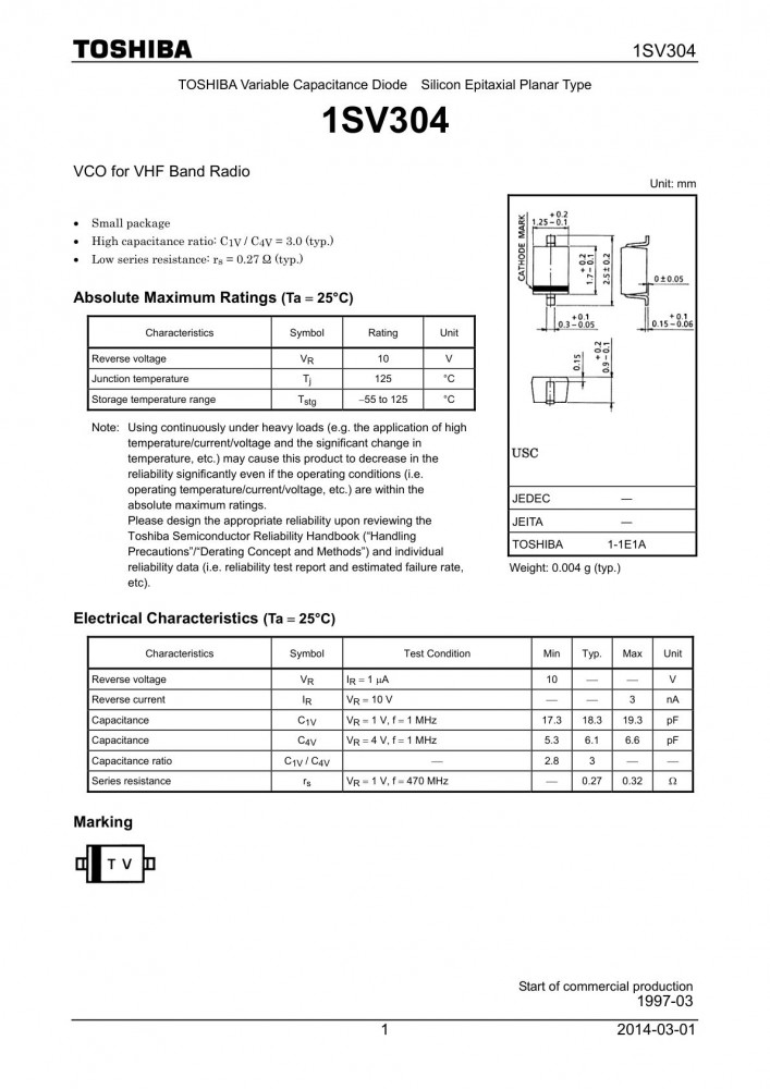 TOSHIBA 1SV304 technical document page 1