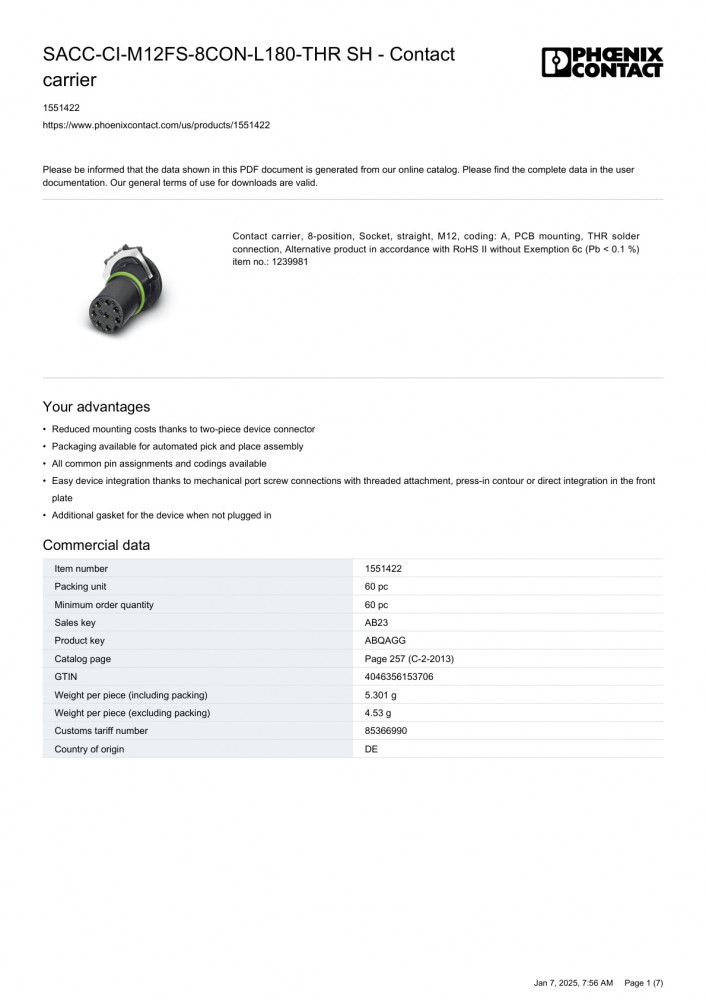 Phoenix Contact 1551422 technical document page 1