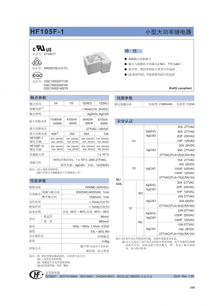 HONGFA HF105F series datasheet page 1