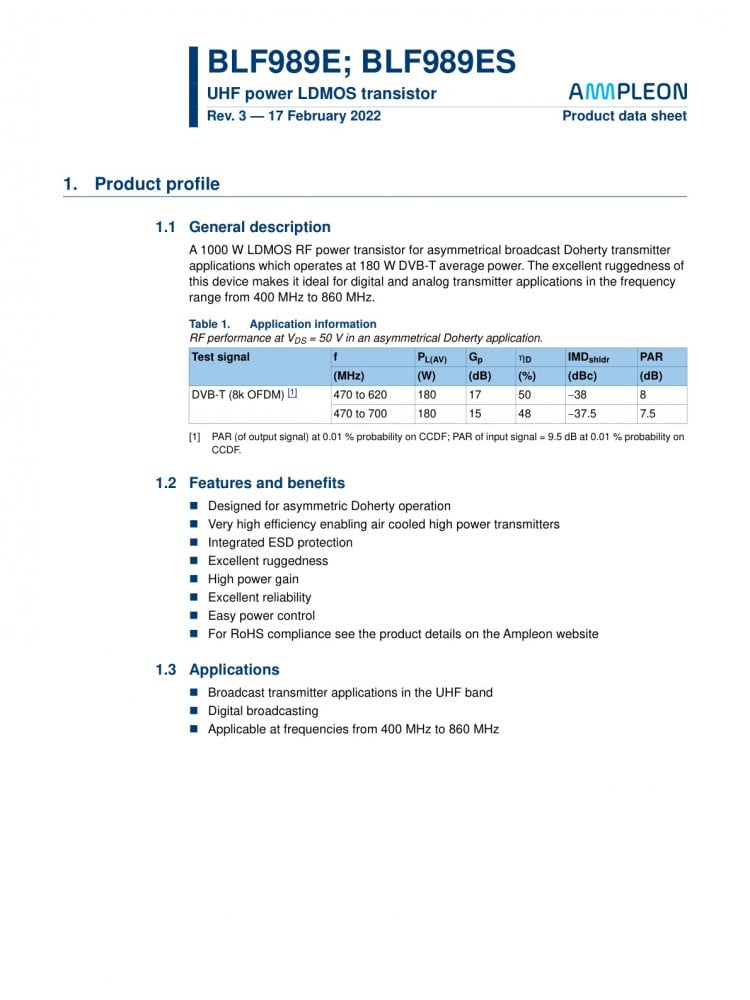 BLF989EU datasheet page 1