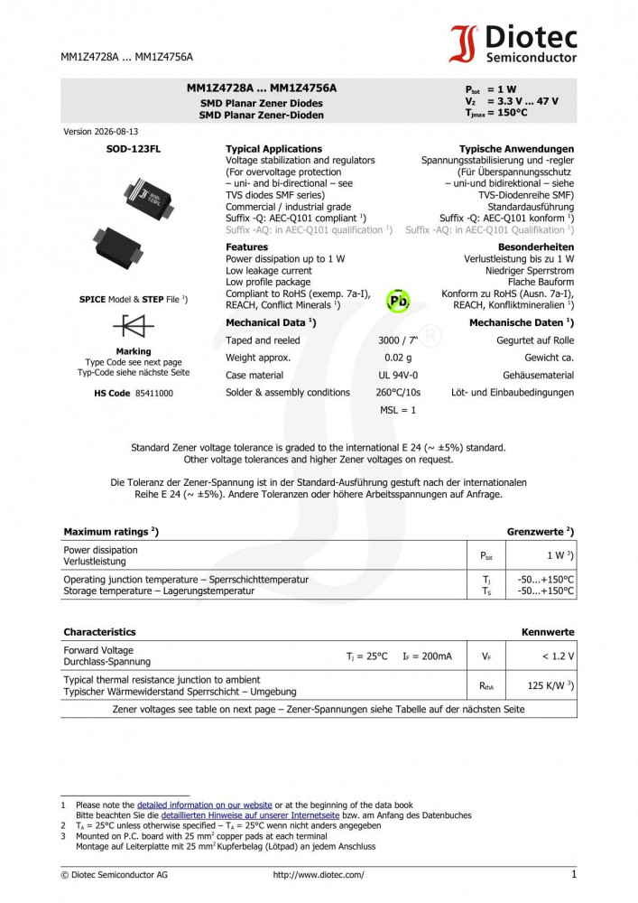 DIOTEC MM1Z4728A to MM1Z4756A datasheet page 1