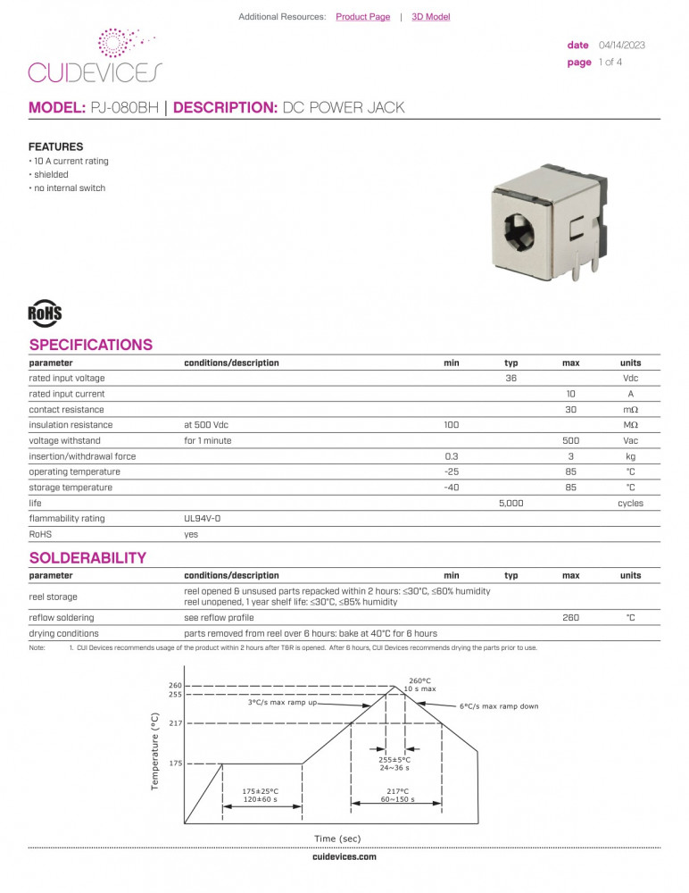 CUI PJ-080BH product document page 1