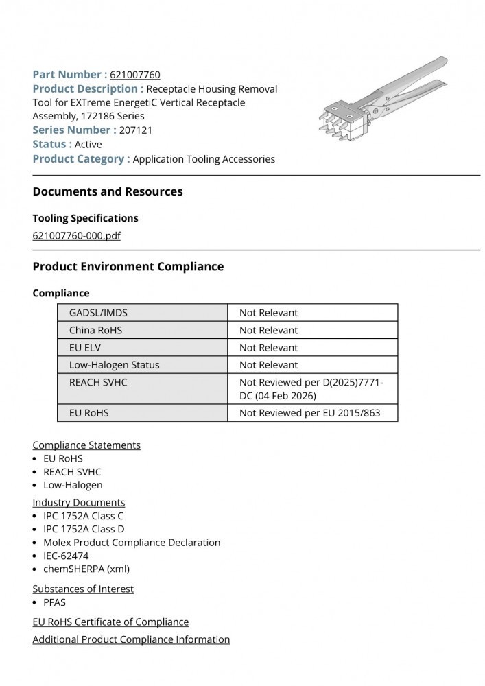 MOLEX 621007760 tooling document page 1