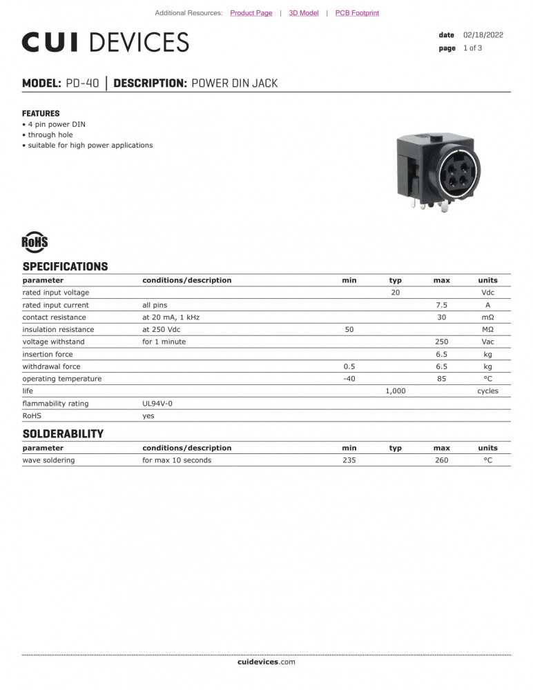 CUI PD-40 technical document page 1