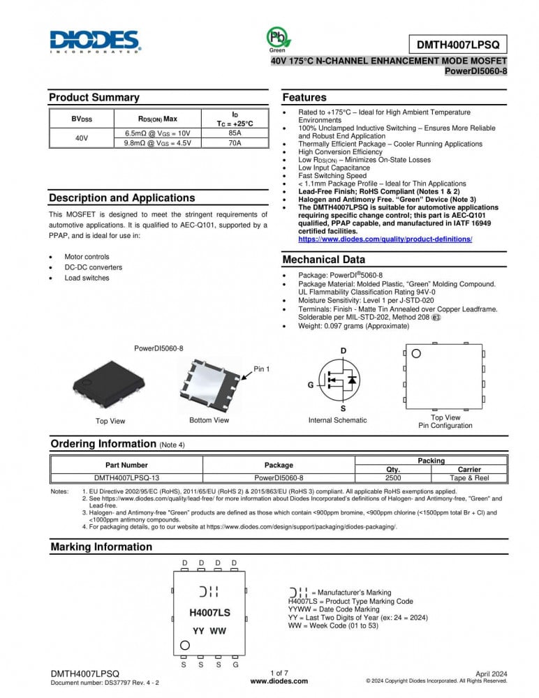 DMTH4007LPSQ-13 datasheet page 1
