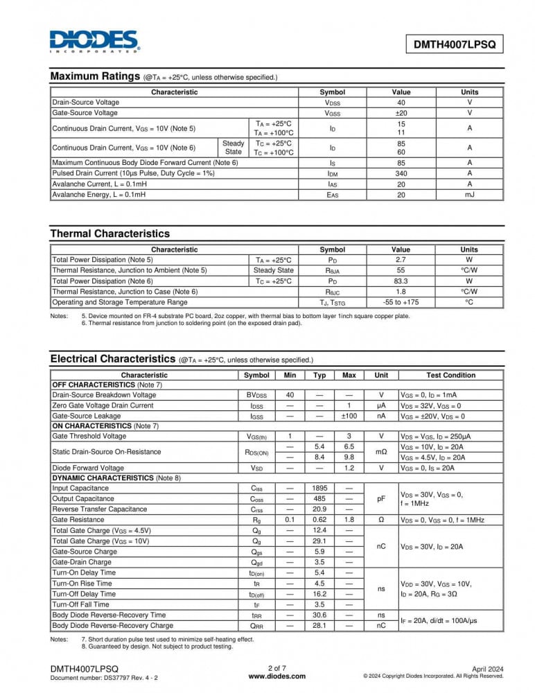 DMTH4007LPSQ-13 datasheet page 2