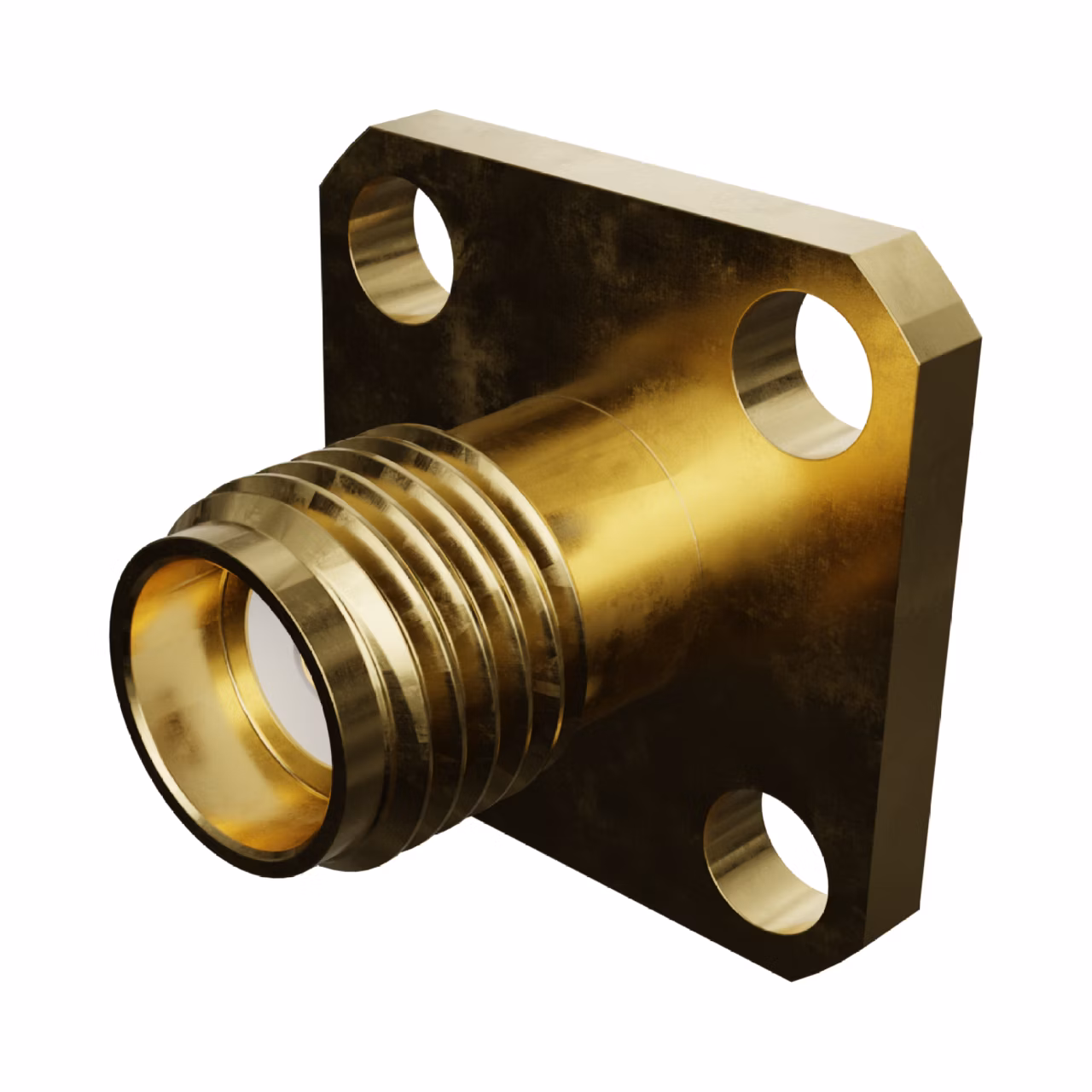 SMA Jack, Straight, 4-Hole Flange Mount, Receptacle, Brass Body, Gold (Au) Plated, Solder Cup Contact, Tray, 50 Ohms for sale