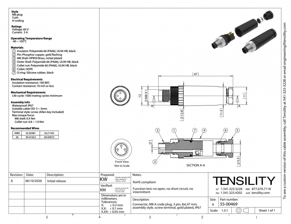 Tensility International 55-00469 M8 A-coded 3-pin plug product drawing