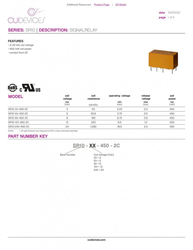 CUI SR10 relay datasheet page 1