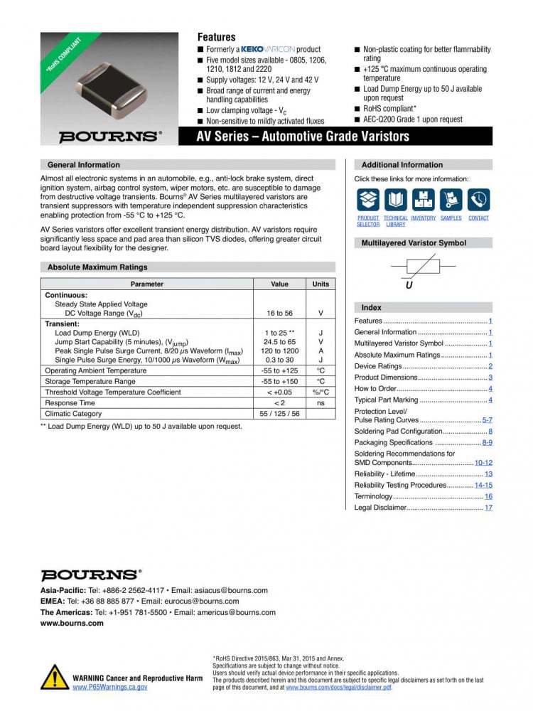 BOURNS AV Series datasheet page 1
