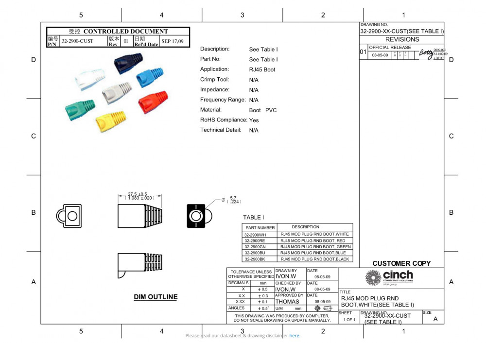 LEA NETWORKS 32-2900 series RJ45 round boot controlled drawing