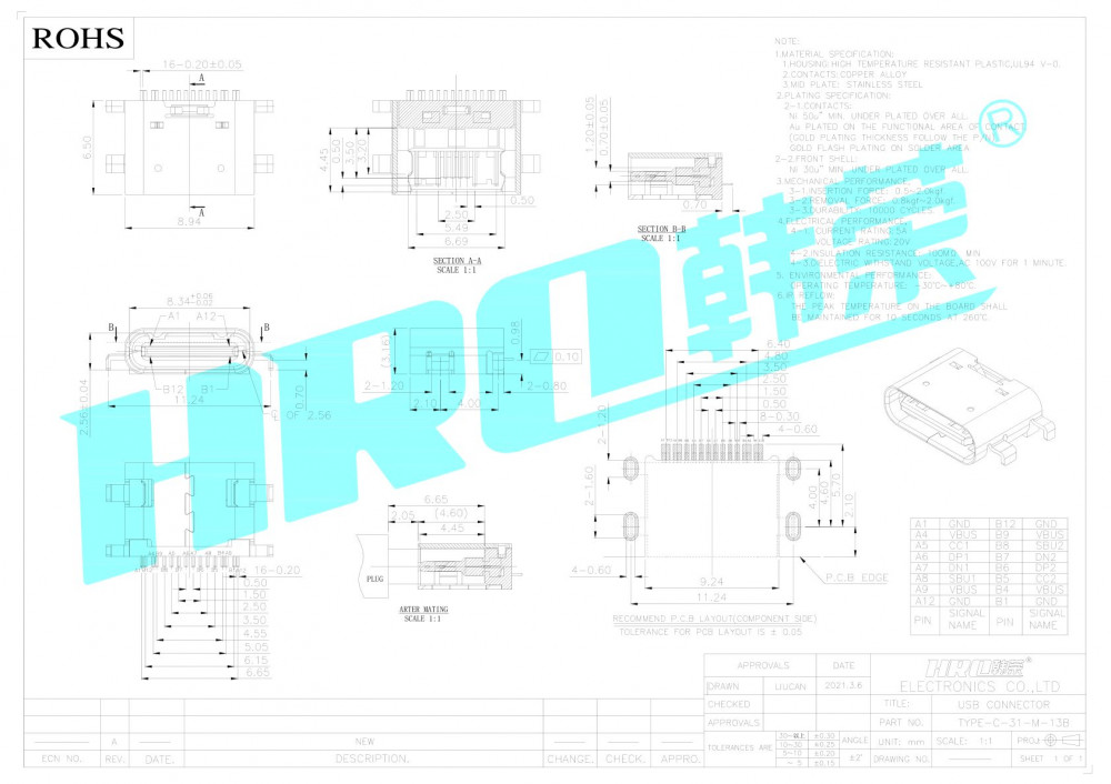 TYPE-C-31-M-13B USB connector drawing