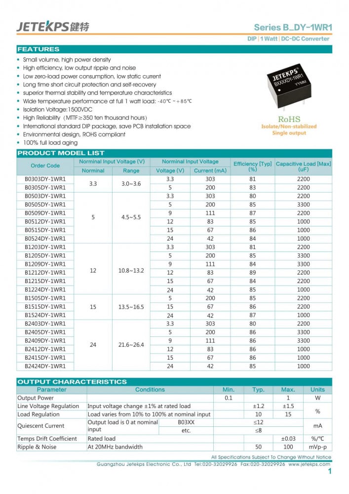 JETEKPS B0515DY-1WR1 datasheet page 1