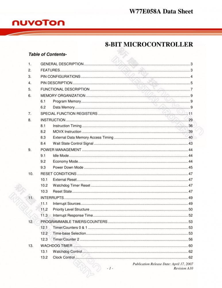 W77E058 datasheet page 1