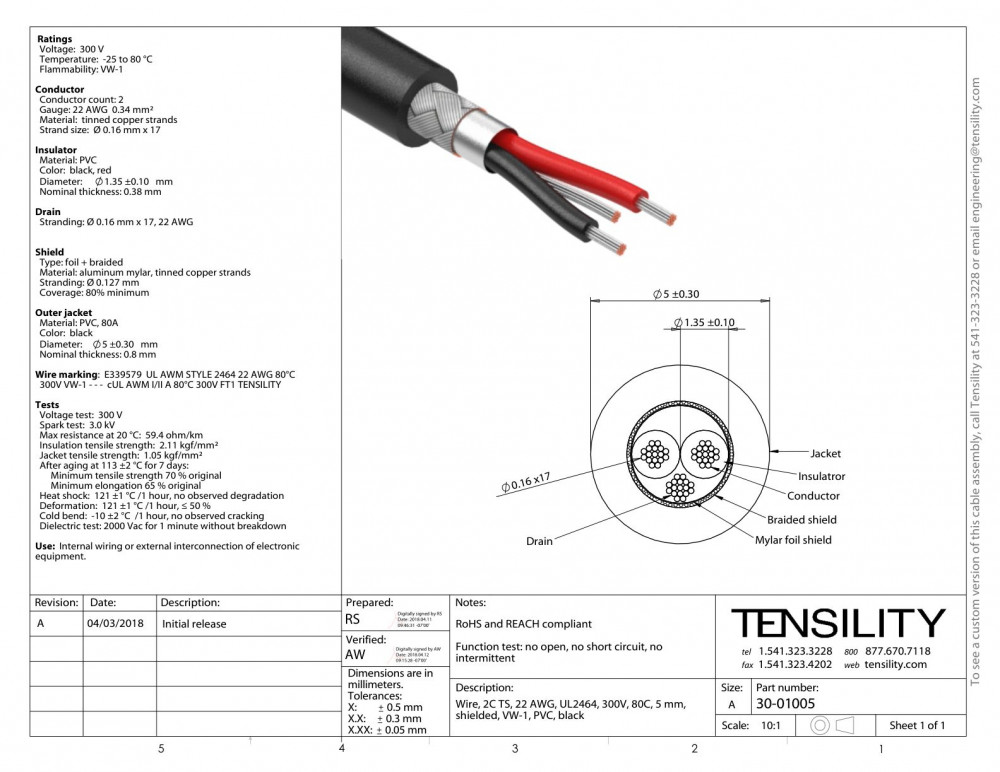 Tensility International 30-01005 cable product drawing