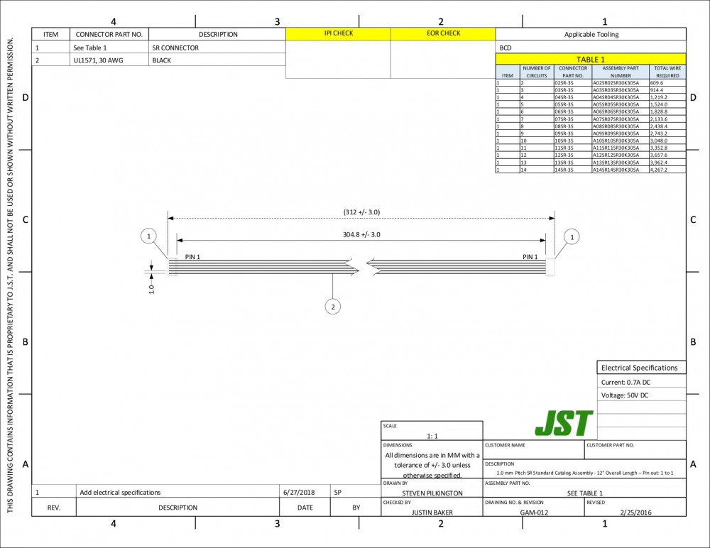 JST SR connector assembly technical document preview
