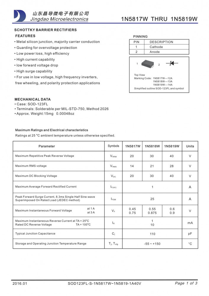 1N5818W datasheet page 1