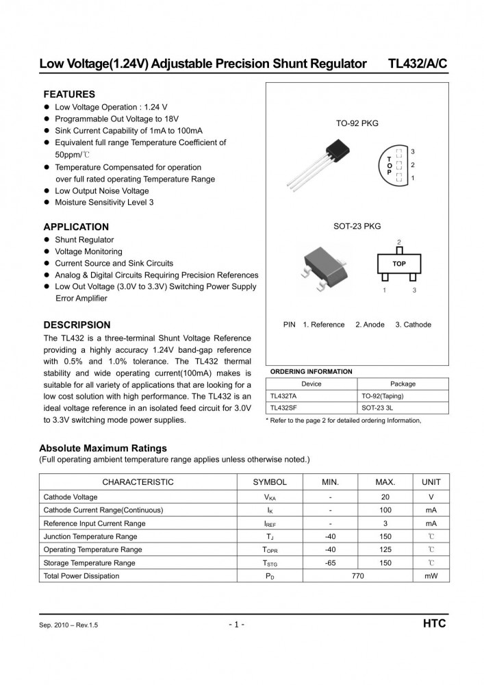 HTC TL432ASF datasheet page 1
