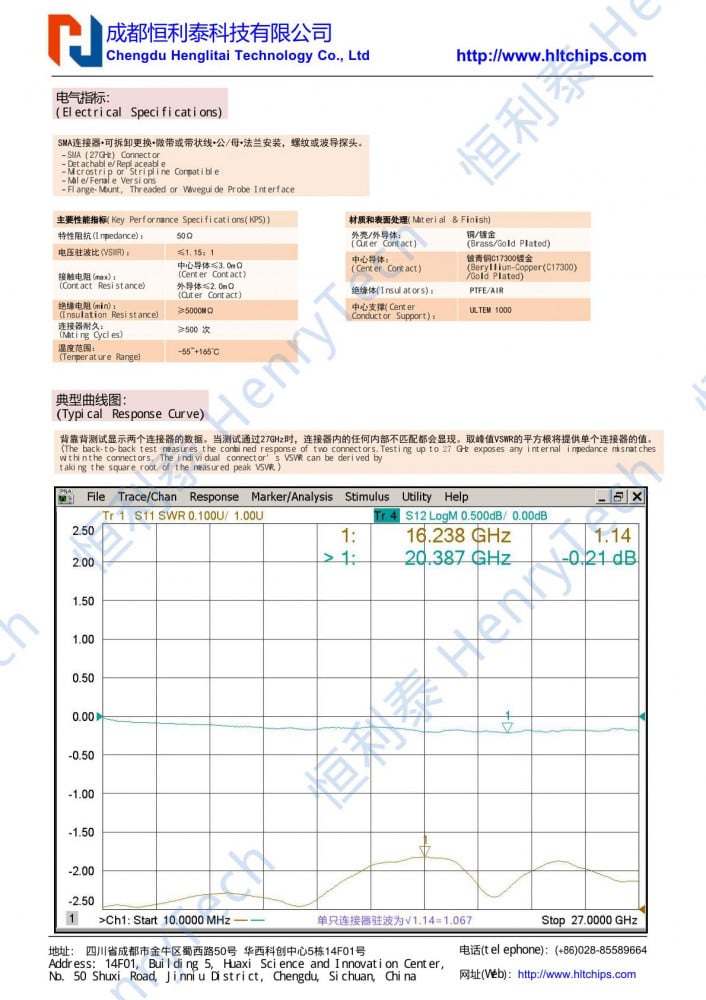 HenryTech SMA PCB connector dimensions and electrical specifications