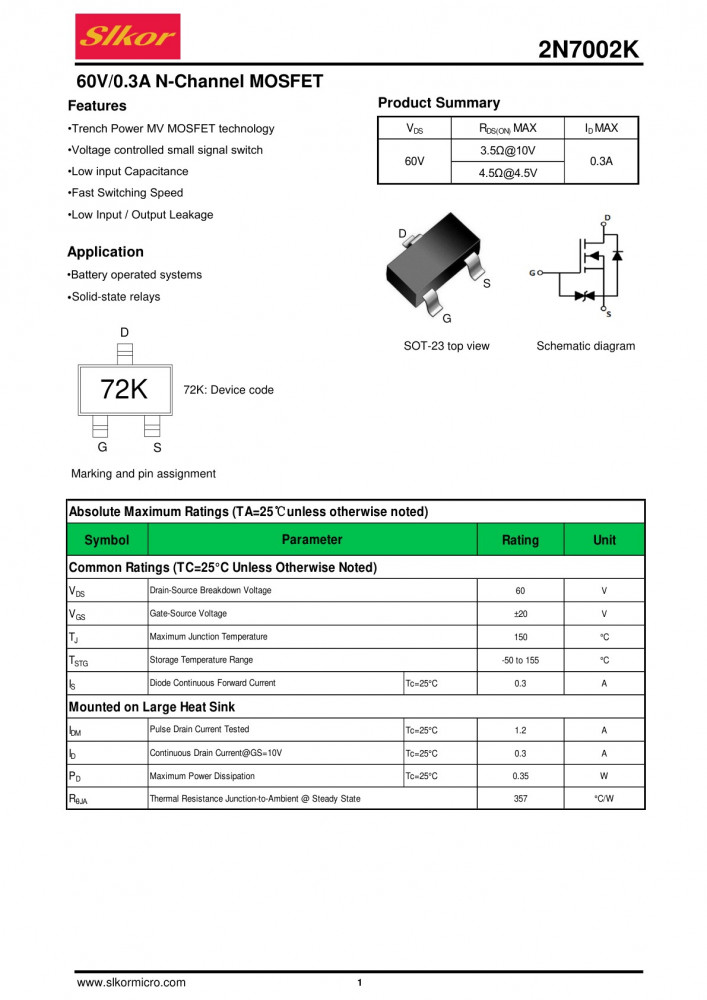 2N7002K datasheet page 1