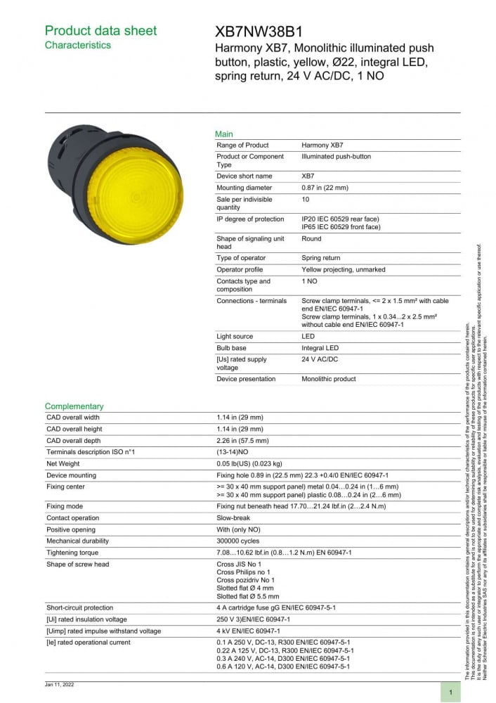 XB7NW38B1 technical document page 1