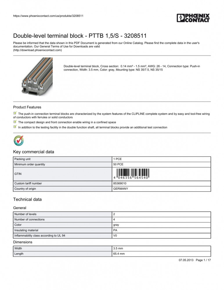 Phoenix Contact 3208511 technical document page 1