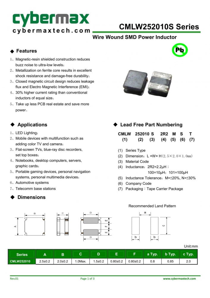 Cybermax CMLW252010 series datasheet page 1