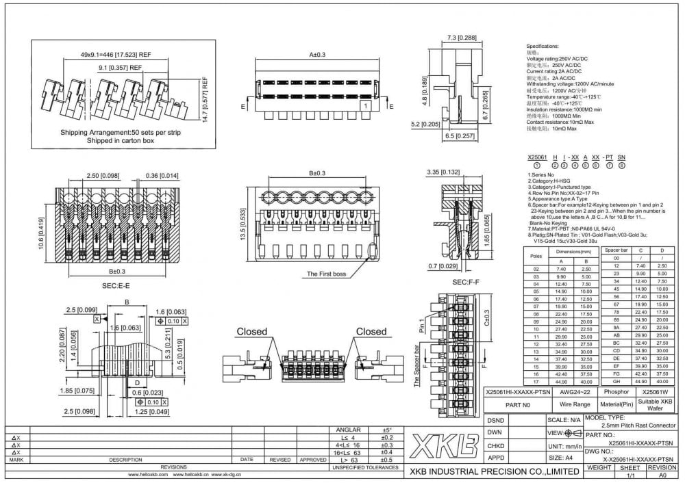 XKB Connection X25061HI-10A9A-PTSN technical document page