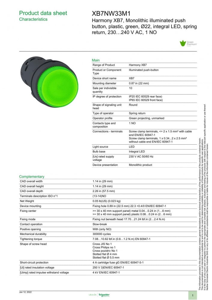 XB7NW33M1 technical document page 1