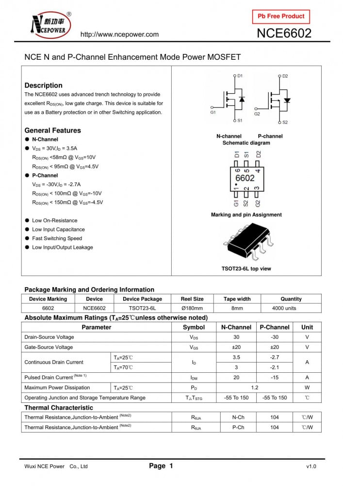 NCE6602 datasheet page 1