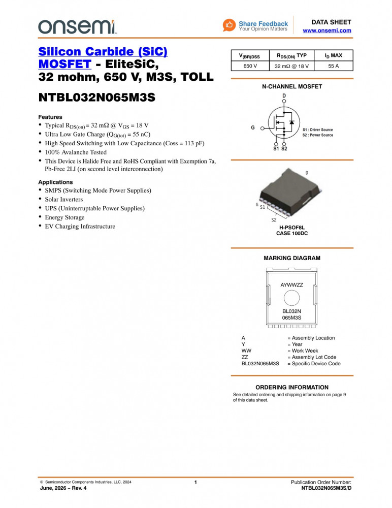 NTBL032N065M3S datasheet page 1