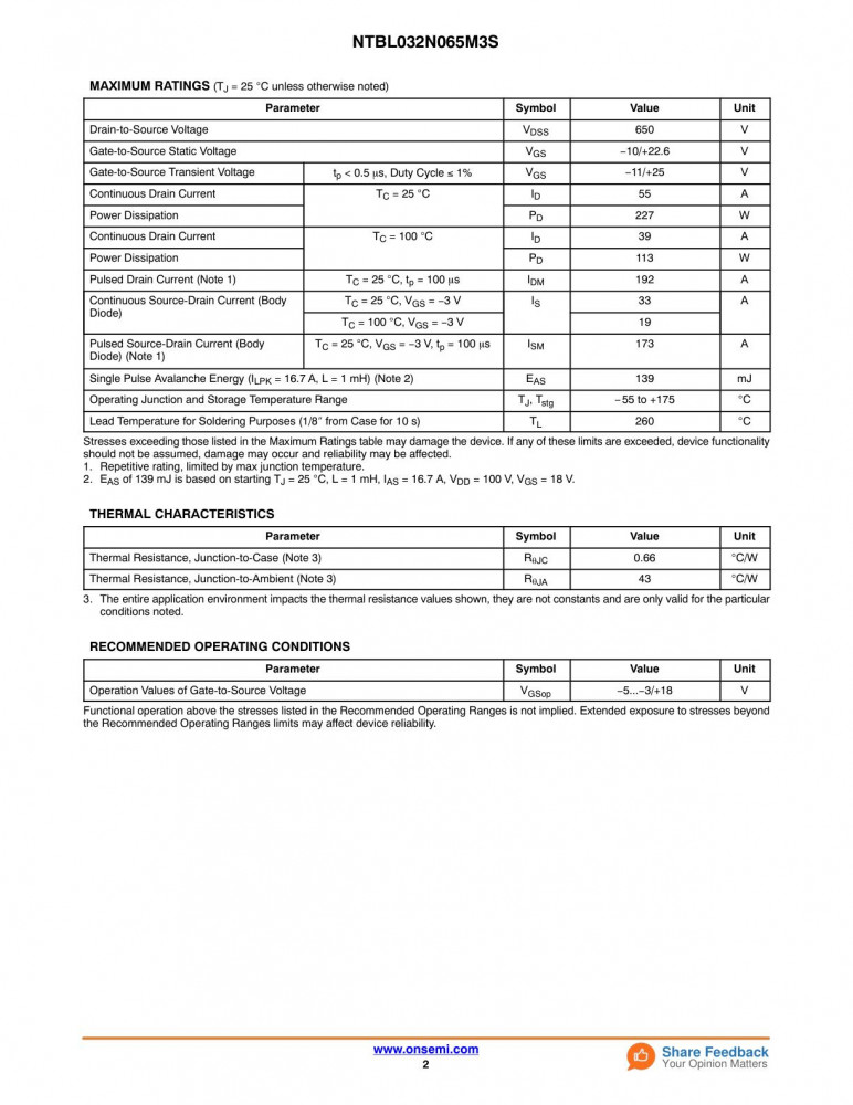 NTBL032N065M3S datasheet page 2