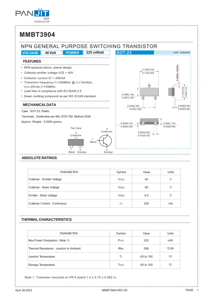 MMBT3904 technical document page 1