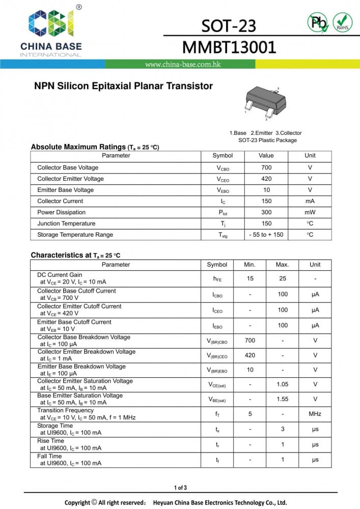 MMBT13001 datasheet page 1